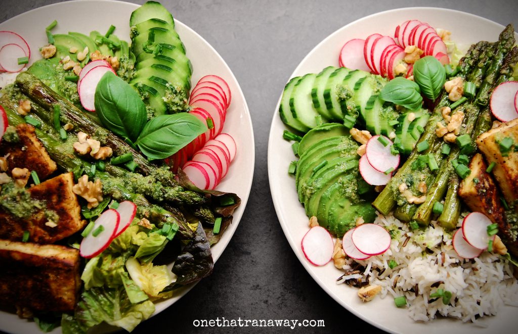 veggie packed spring bowl with wild garlic dressing - one that ran away