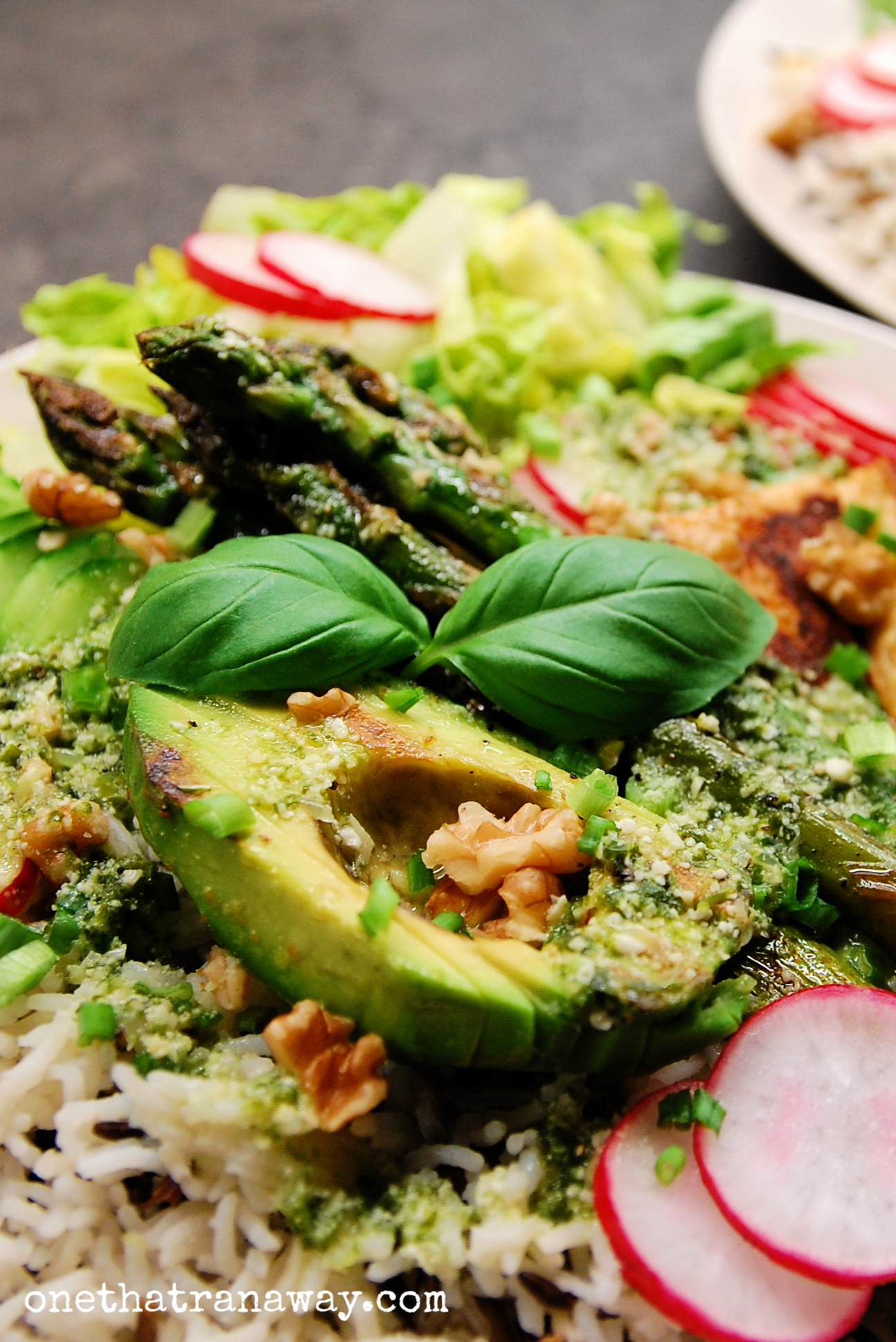 veggie packed spring bowl with wild garlic dressing - one that ran away