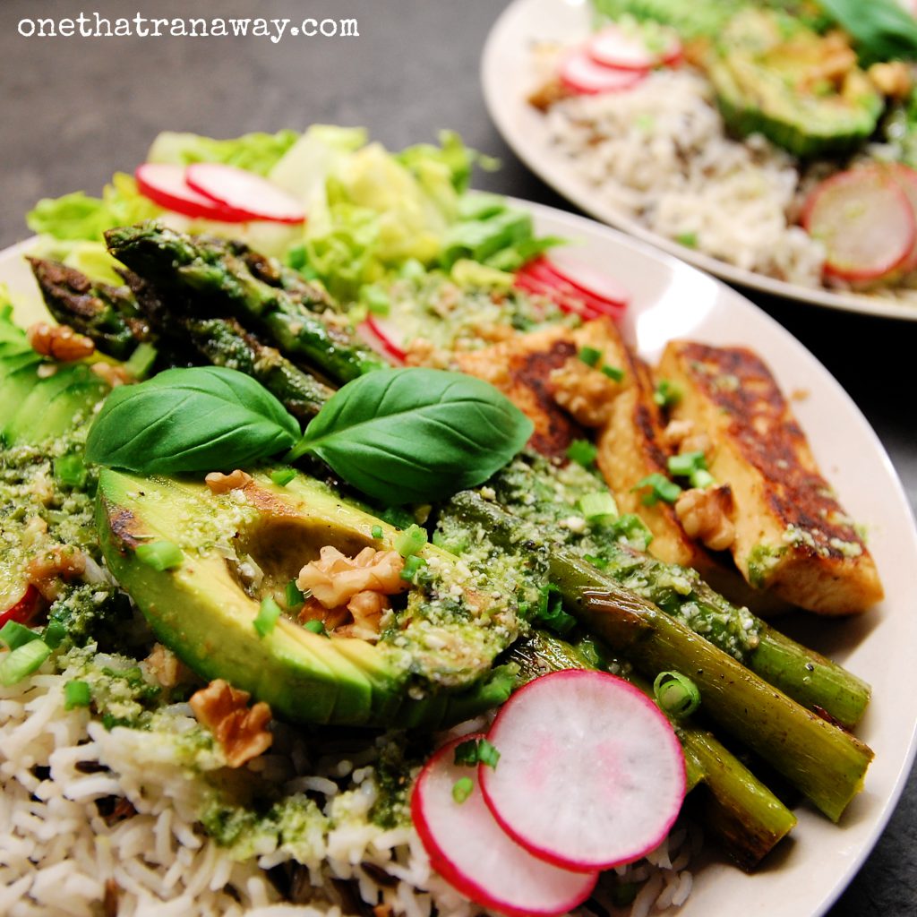 veggie packed spring bowl with wild garlic dressing - one that ran away
