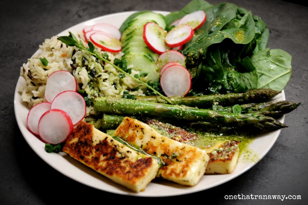 veggie packed spring bowl with wild garlic dressing - one that ran away